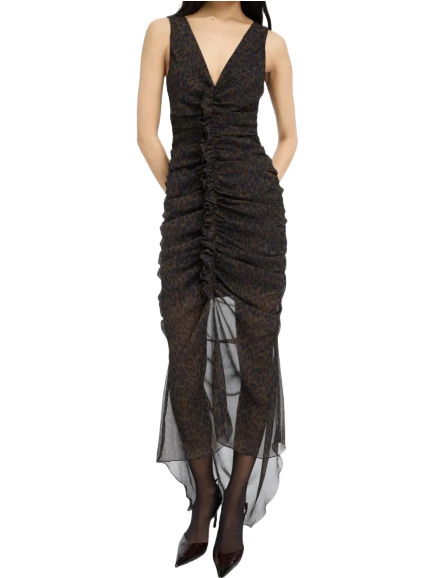 ROTATE BY BIRGER CHRISTENSEN ROTATE Ruched Midi Leopard Dress